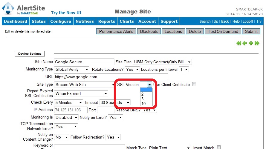 Monitoring a Secure Website with TLS1.1 or TLS1.2