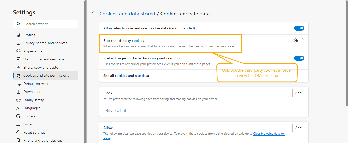 Edge - How to unblock third-party cookies?